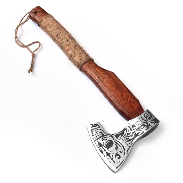 Viking Axe With Custom Skull Etched Brown Rope Wrapped Handle - Edge Import