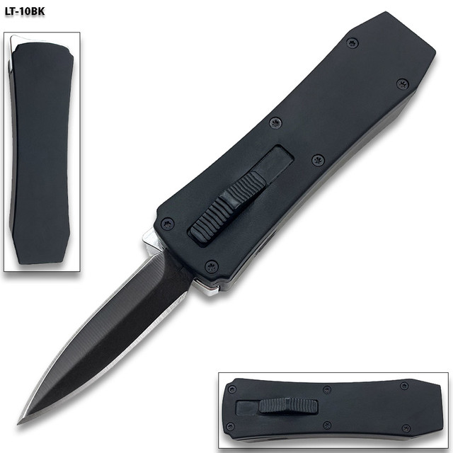 Butane Lighter OTF Knife Spear Point, Double Edged Black Blade - Edge ...