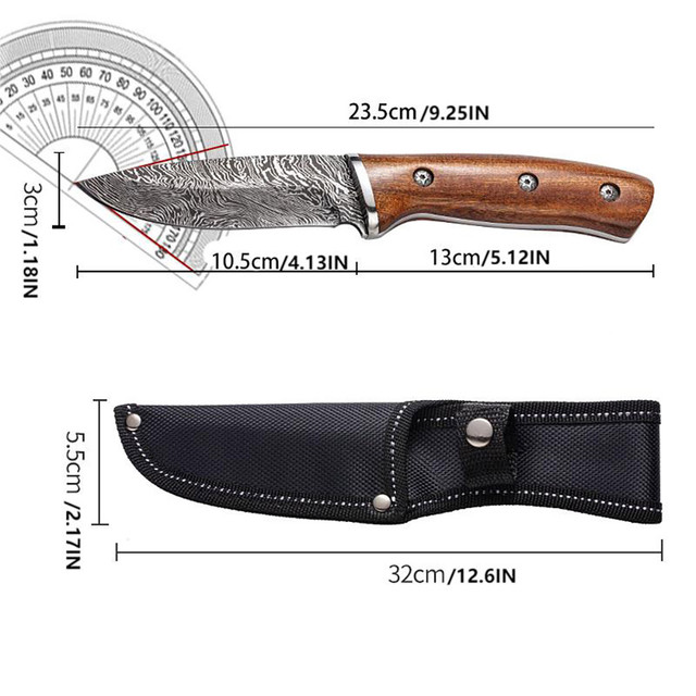 Damascus Pattern Knife, 9" High Carbon Steel Knife With Solid Wood ...