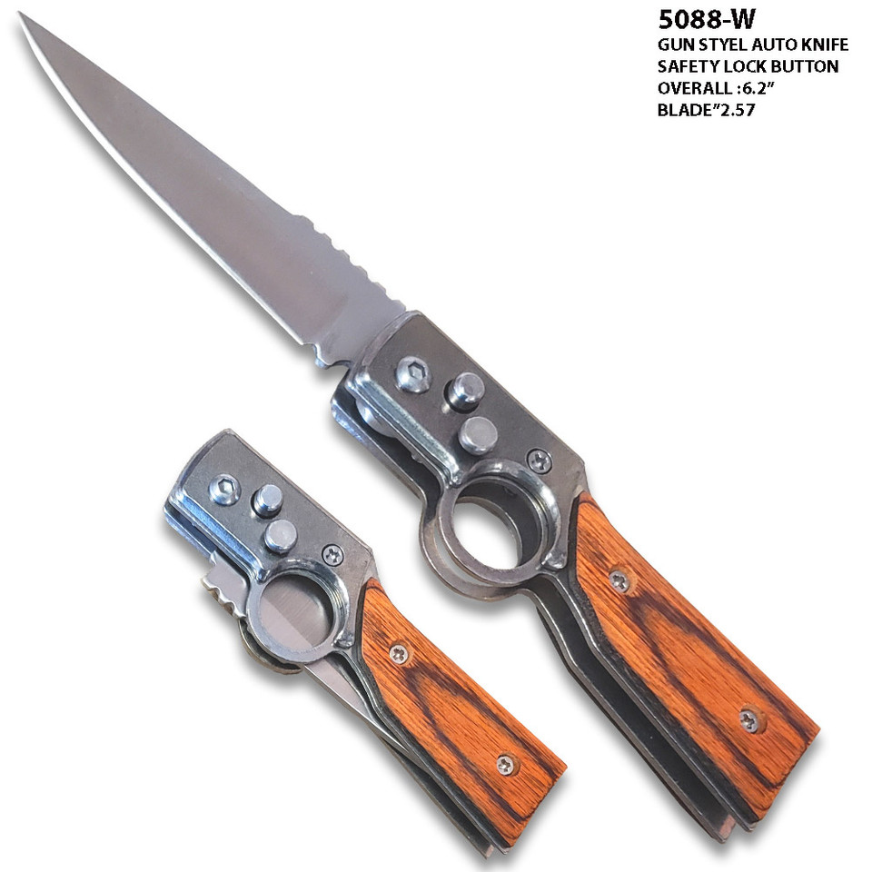 Auto Push Button Wood Handle Clip Point Pocket Knife w/Finger Hole ...