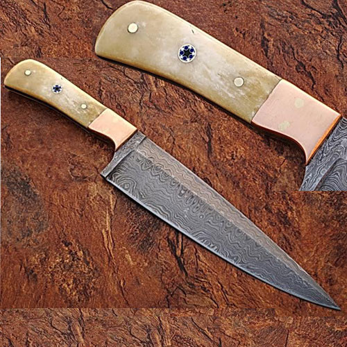 Custom Handmade Damascus Copper Guard Chef Knife Bone Handle - Edge Import