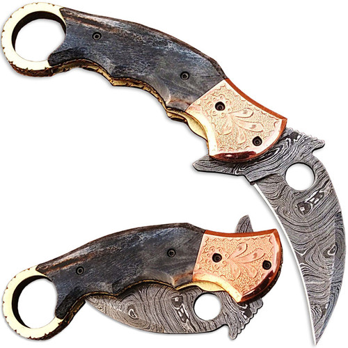 Ka-Rambo Damascus Folding Knife (Karambit) Giraffe Bone w Engrav - Edge ...