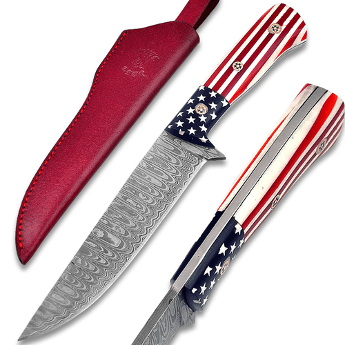 White Dear Handmade Damascus Chef Knife American Flag W/ Bone Handle ...