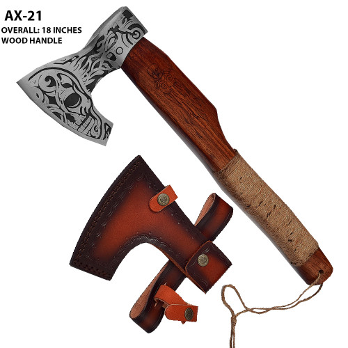 Viking Axe With Custom Skull Etched Brown Rope Wrapped Handle - Edge Import