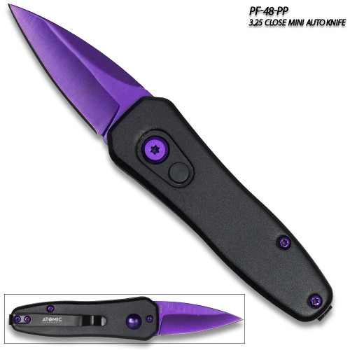 Purple Push Button Legal Auto Knife Black Handle - Edge Import