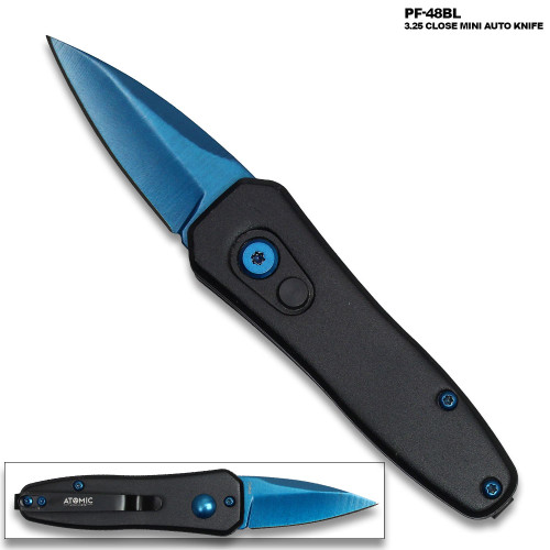 Blue Push Button Legal Auto Knife Black Handle - Edge Import