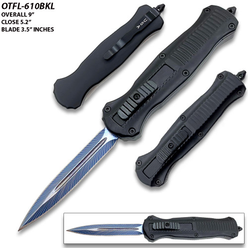 9 "Spear Point Blue Etched OTF Knife Tactical Edge Black Handle - Edge ...
