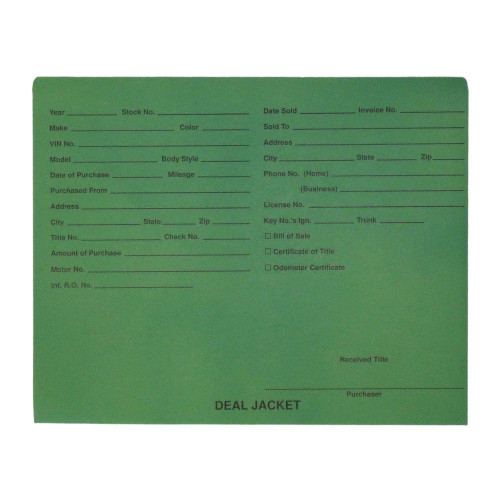 Green letter size auto dealer jacket with front printed. 11 pt green ...