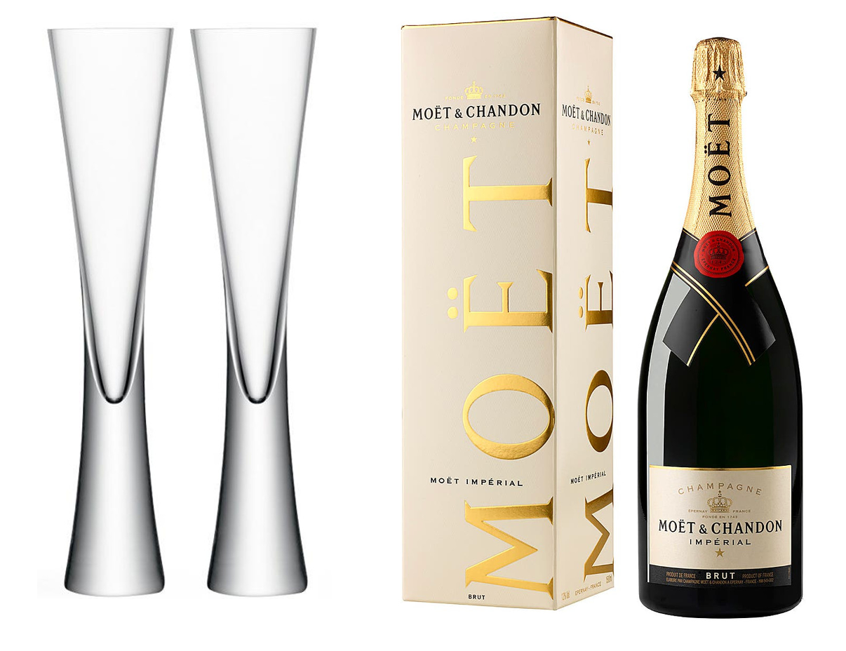Moet & Chandon Brut NV In Gift Box (75cl) With x2 Moya Champagne Flutes ...