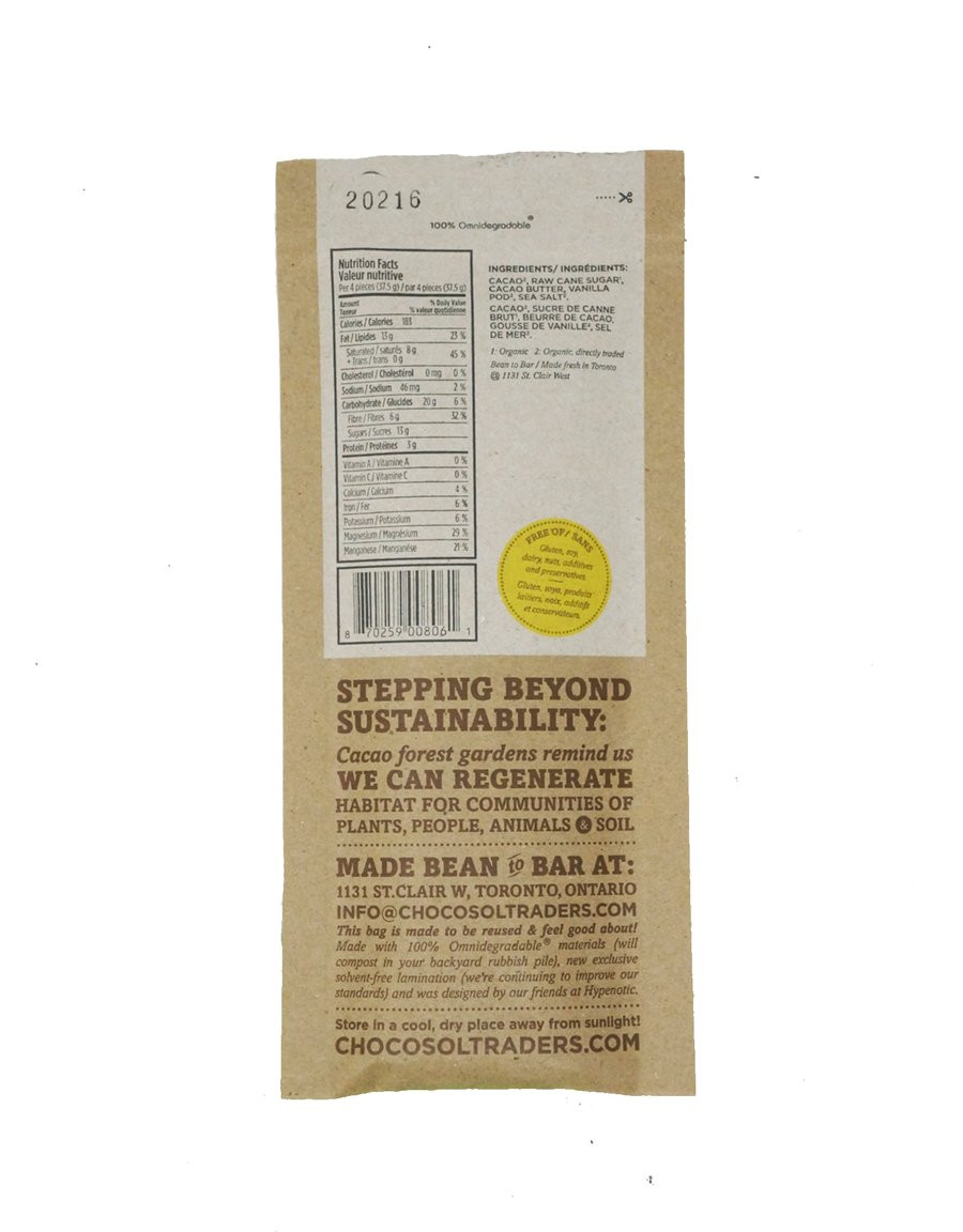 Chocosol Vanilla & Sea Salt 65% Chocolate Bar - No Nuts About Us