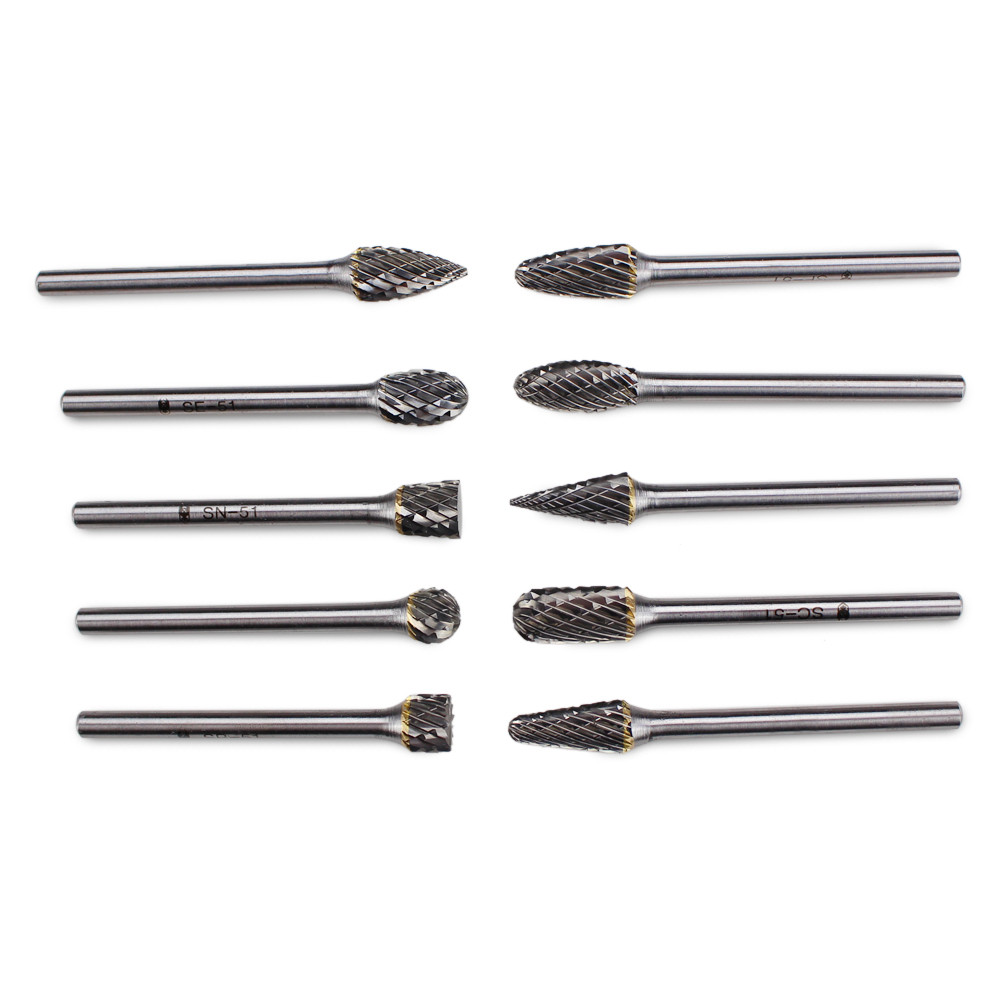 10 Piece Tungsten Carbide Burr Set, Double Cut – 1/8” Shank