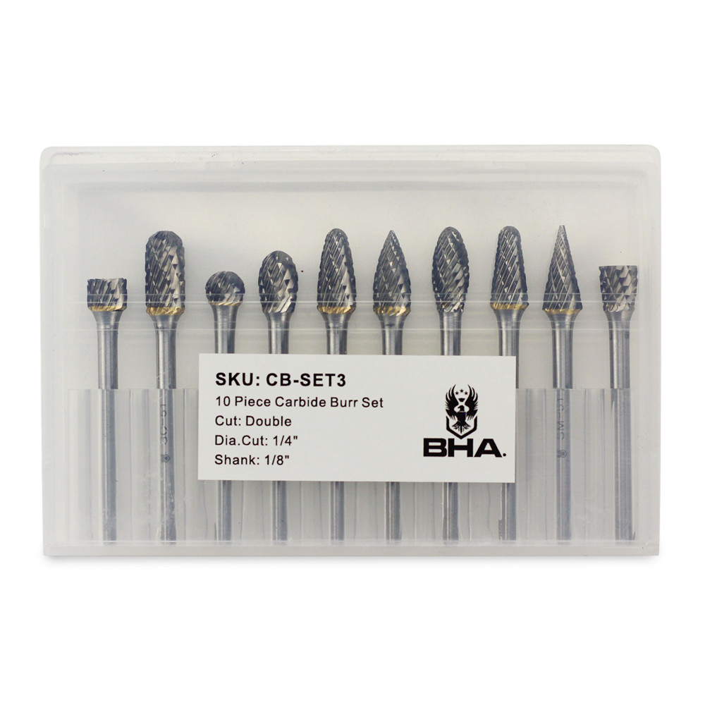 10 Piece Tungsten Carbide Burr Set, Double Cut – 1/8” Shank