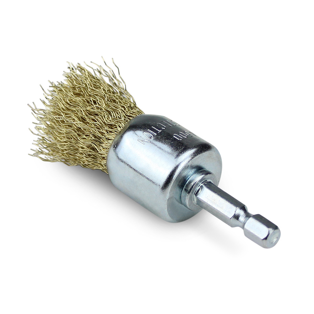 1" Crimped Wire End Brush with 1/4" Hex Shank (Brass Coated)