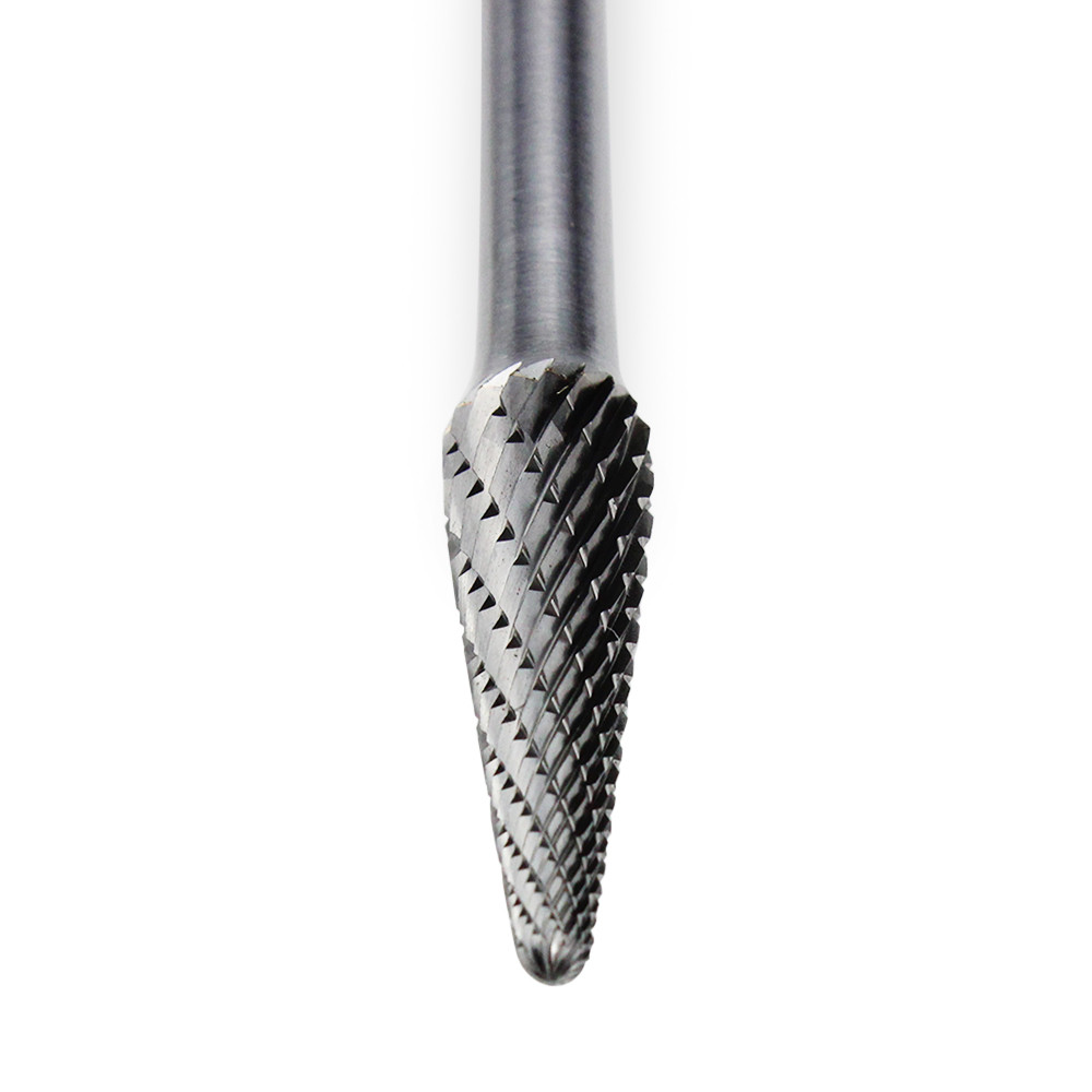 Taper Radius End Shape Tungsten Carbide Burr, Double Cut - Long 1/4" Shank