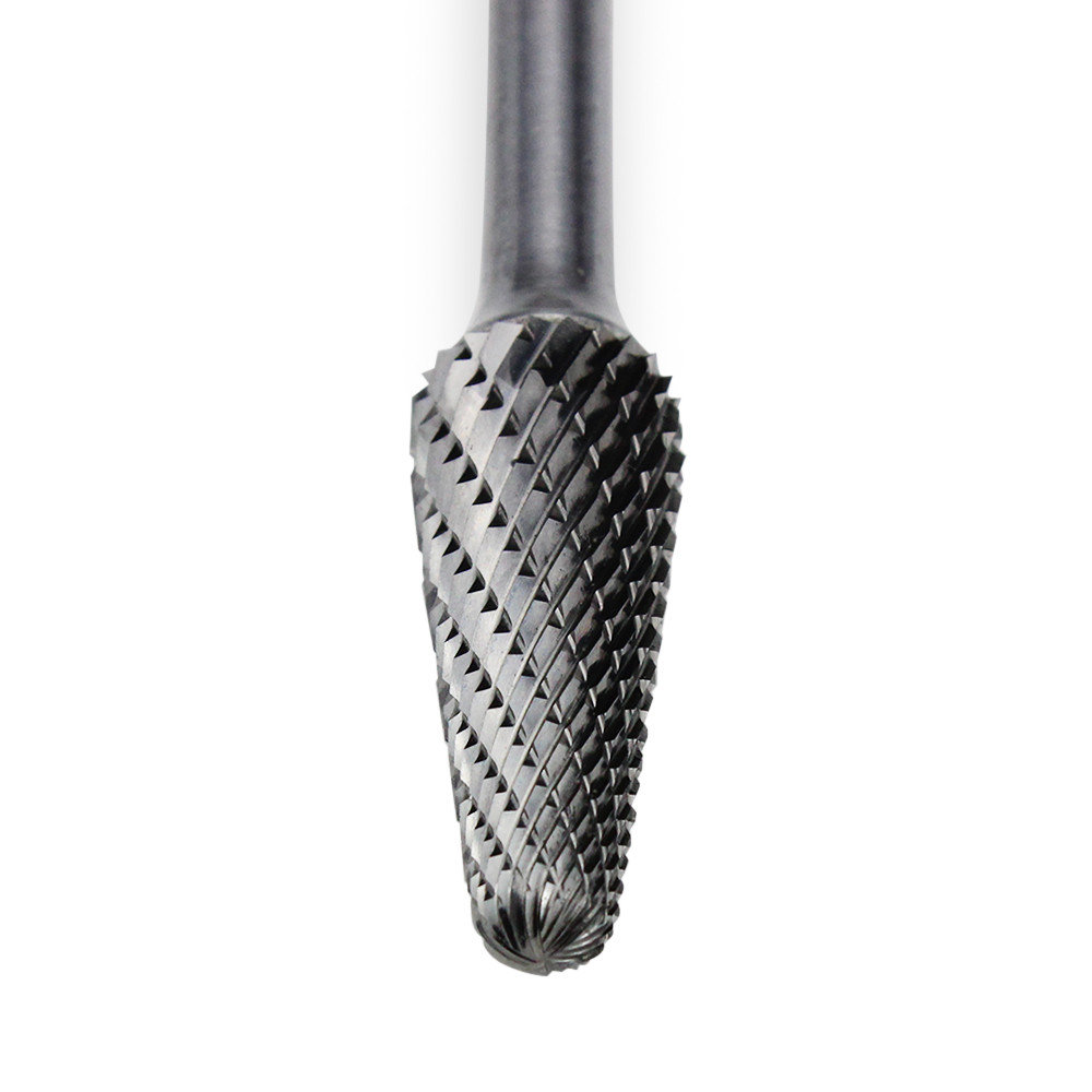 Taper Radius End Shape Tungsten Carbide Burr, Double Cut - Long 1/4" Shank