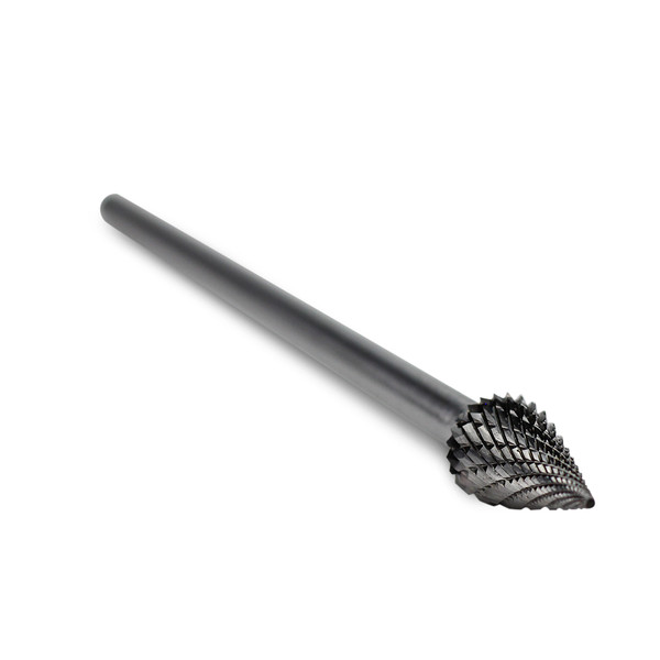 Pointed Cone Tungsten Carbide Burr, Double Cut - Long 1/4" Shank