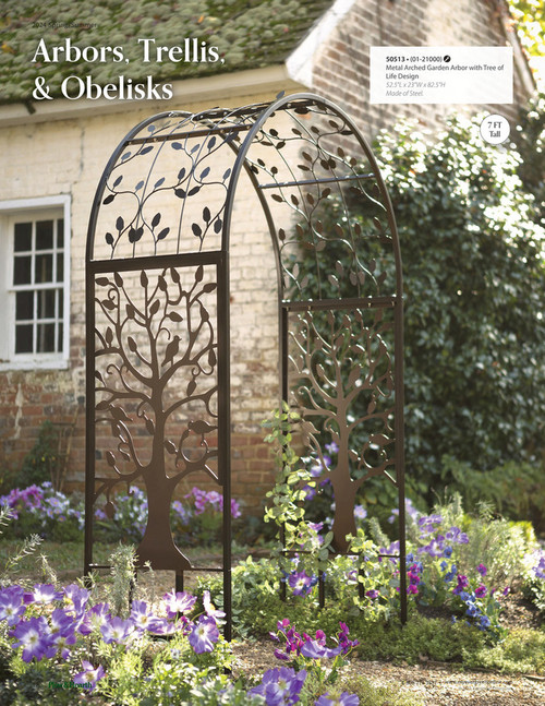 Metal Arched Garden Arbor with Tree of Life Design - Colonial Gardens