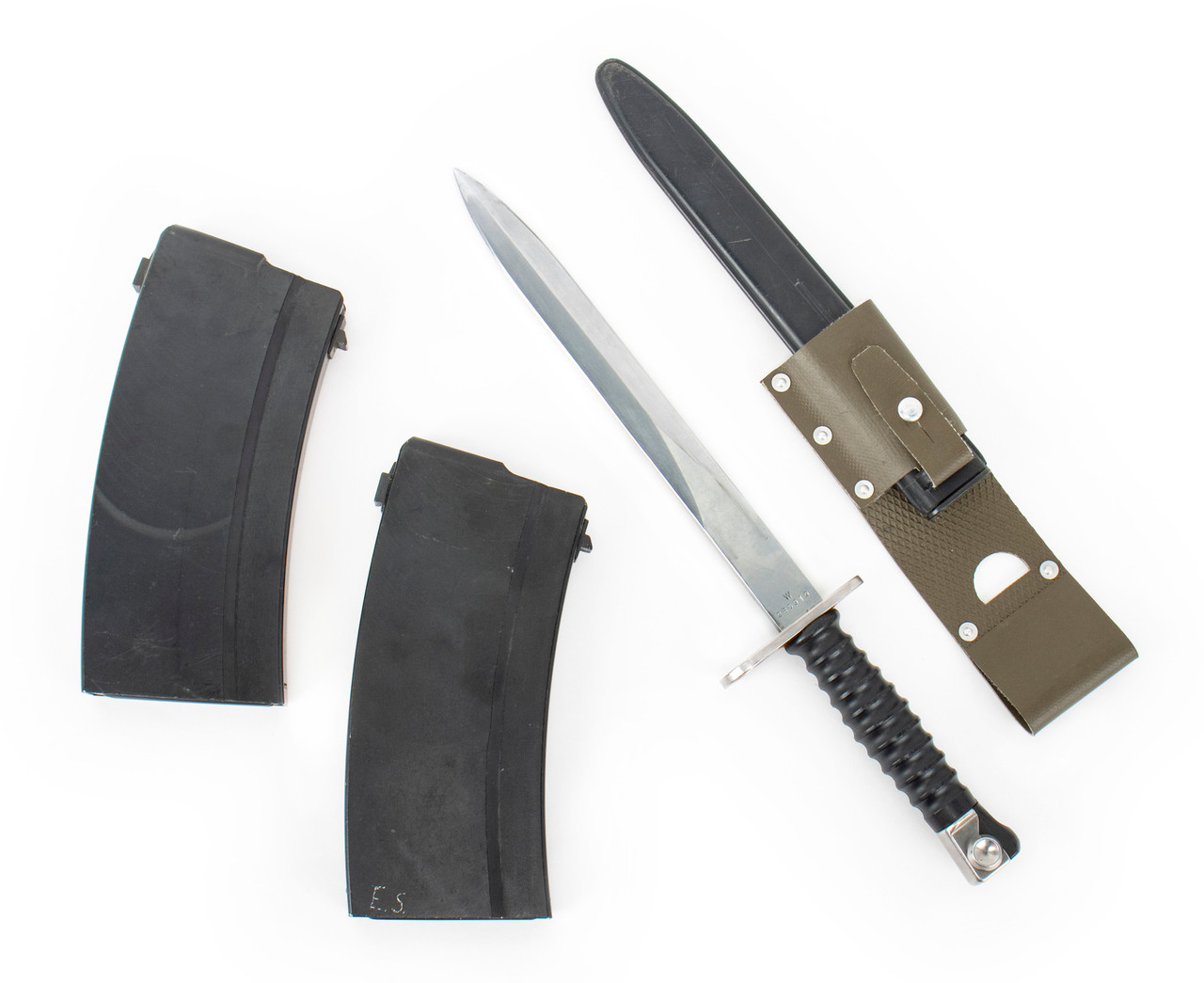 Two Swiss PE57/STG57 24rd Magazines & One M57 Bayonet with Scabbard and ...