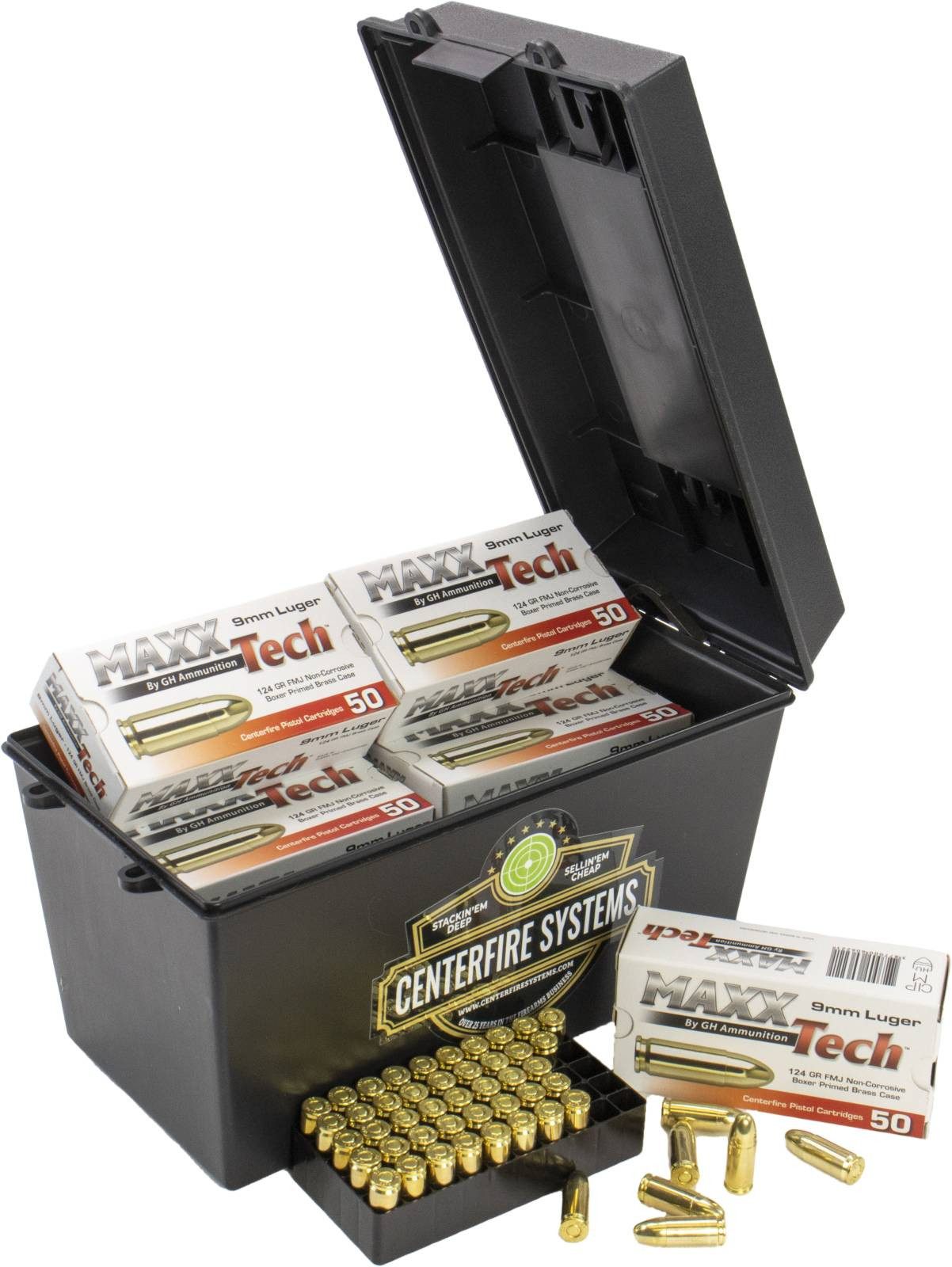 MaxxTech 9mm 124gr FMJ - 300 Rounds w/Ammo Can - Centerfire Systems