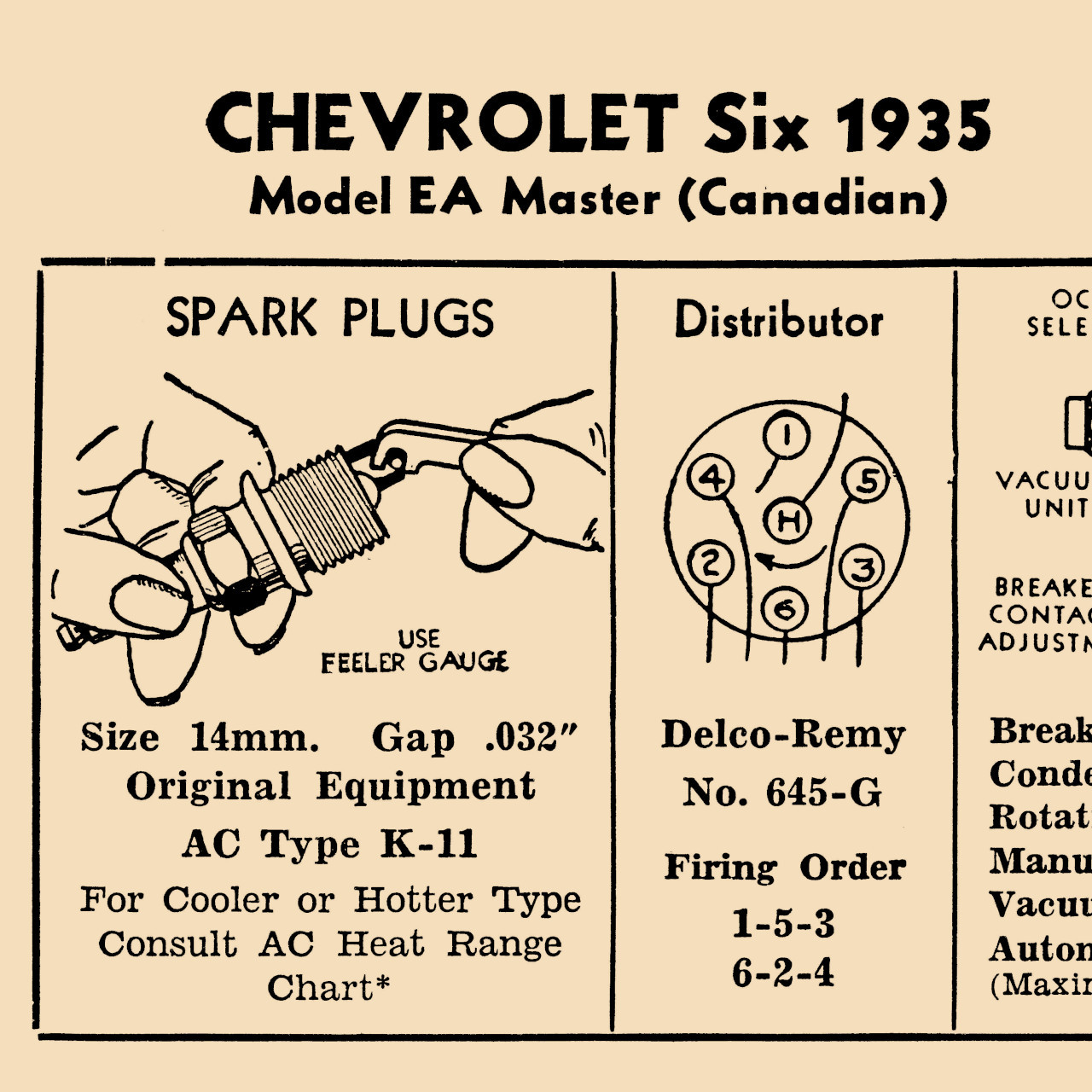 1935 Chevrolet Six Tune-up Chart, Master EA (Canada)