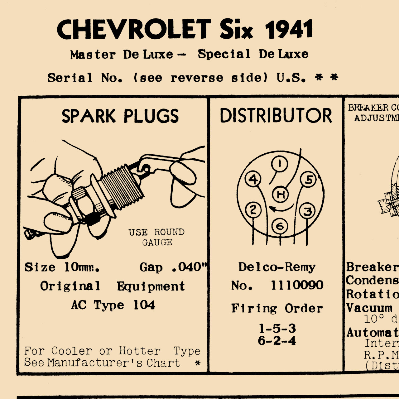 1941 Chevrolet Six Tune-up Chart, Master DeLuxe, Special Deluxe