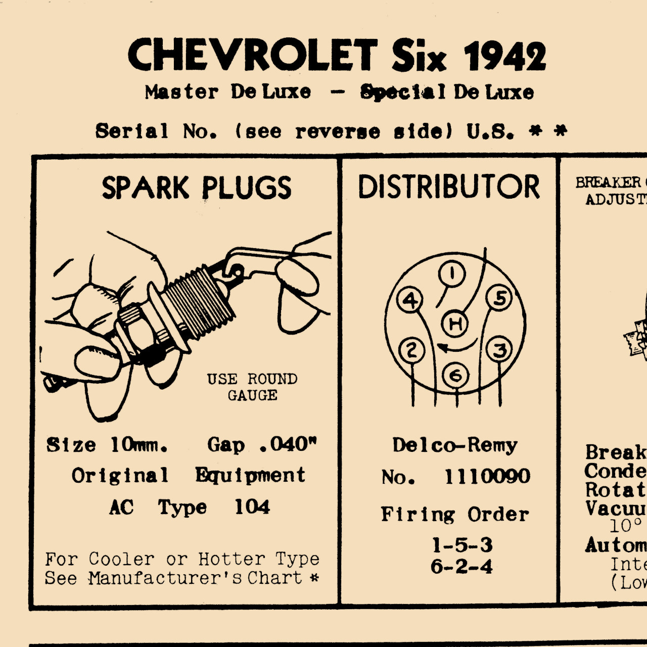 1942 Chevrolet Six Tune-up Chart, Master DeLuxe, Special Deluxe