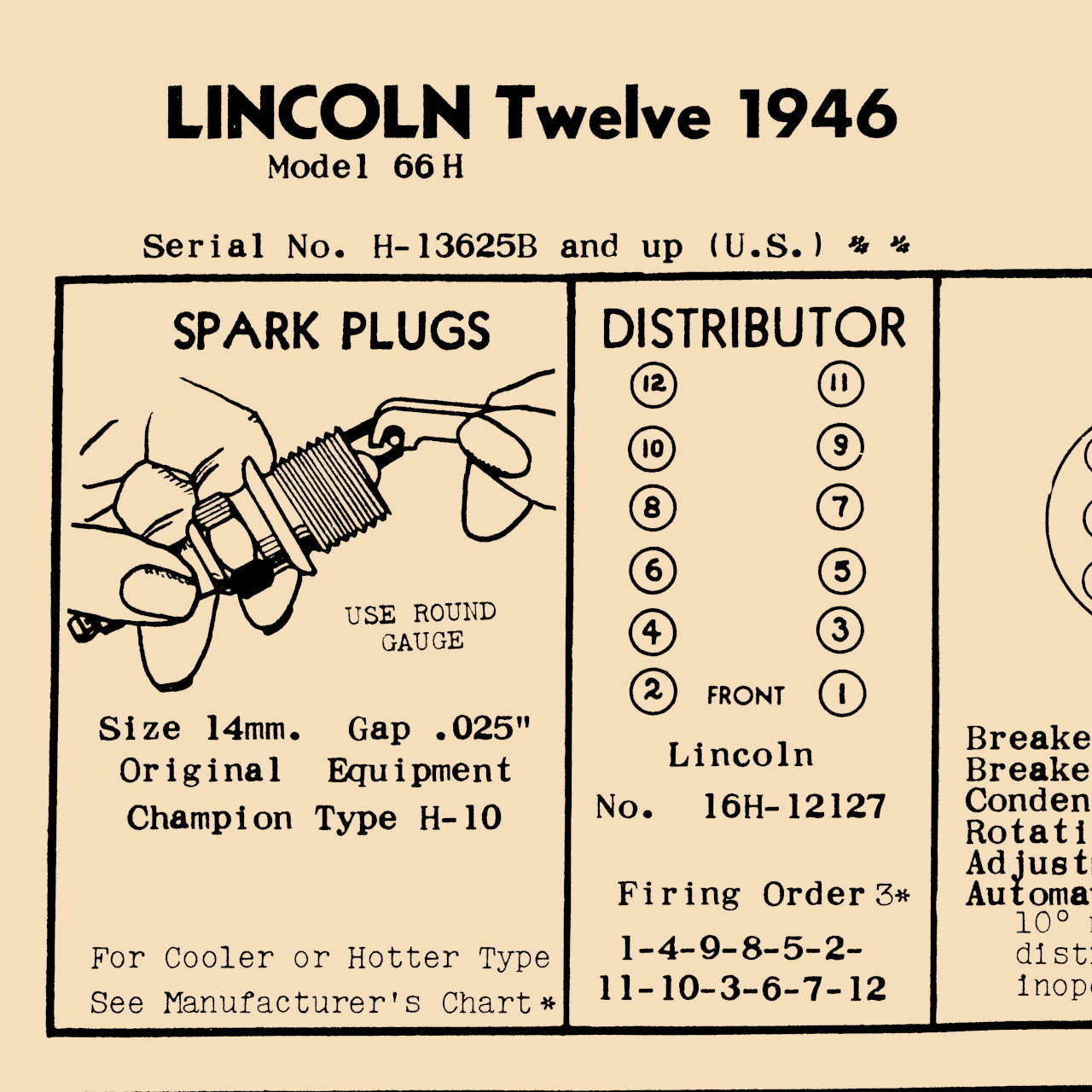 1946 Lincoln Twelve Tune-up Chart, 66H Zephyr