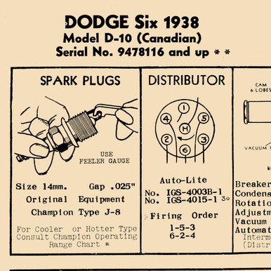 1938 Dodge Six Tune-up Chart, D10 (Canadian)