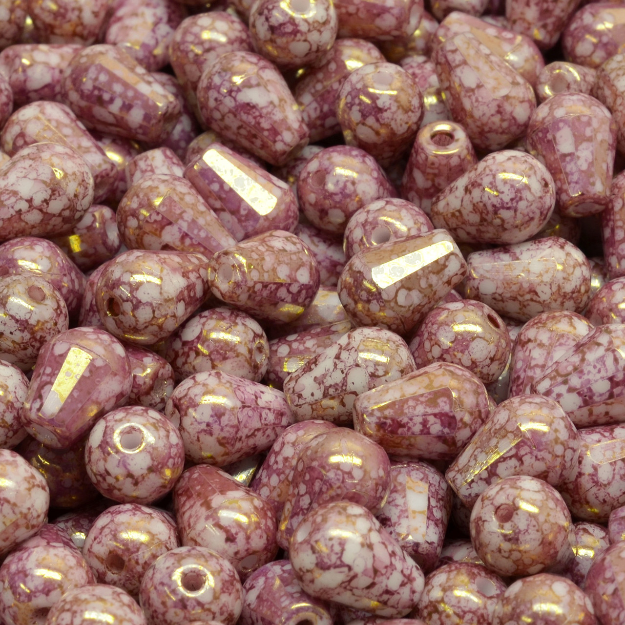 Czech 8x6mm Glass Firepolished Drop Beads Pink Marble