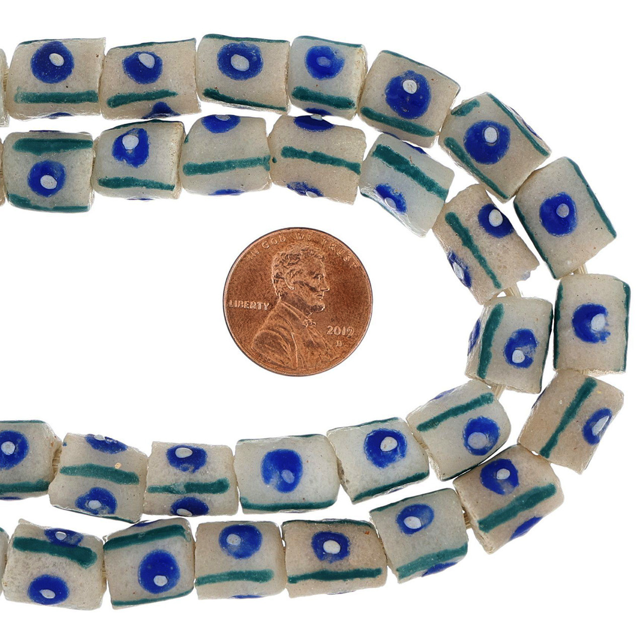 African Glass Krobo Trade Beads,9.5-10.5mm Spotted Antique White