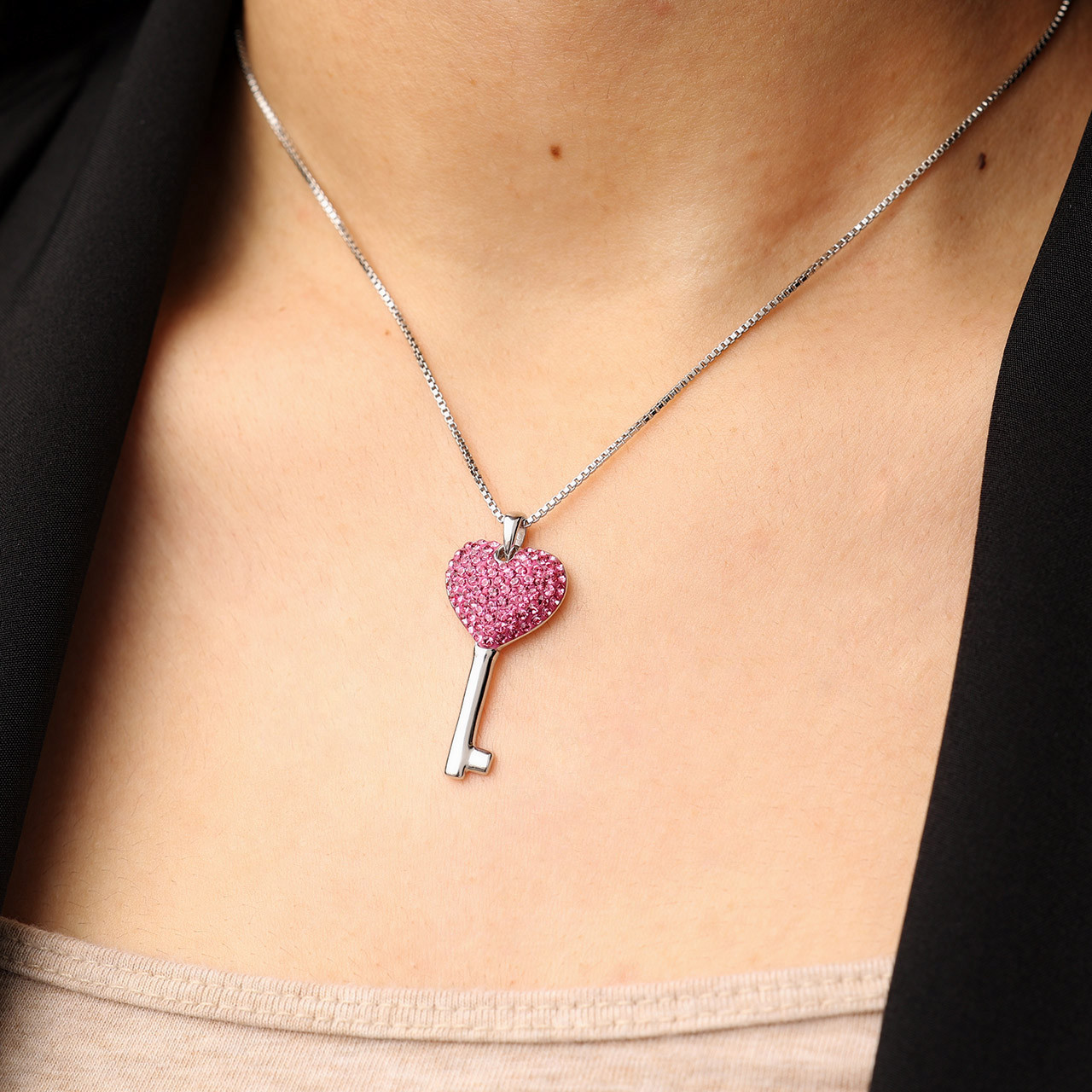 Sterling Silver Swarovski Pink Heart Key Sterling Silver Necklace