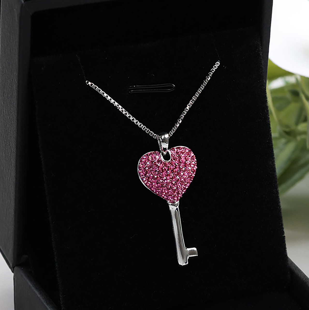 Pink Swarovski Heart Key Sterling Silver Necklace