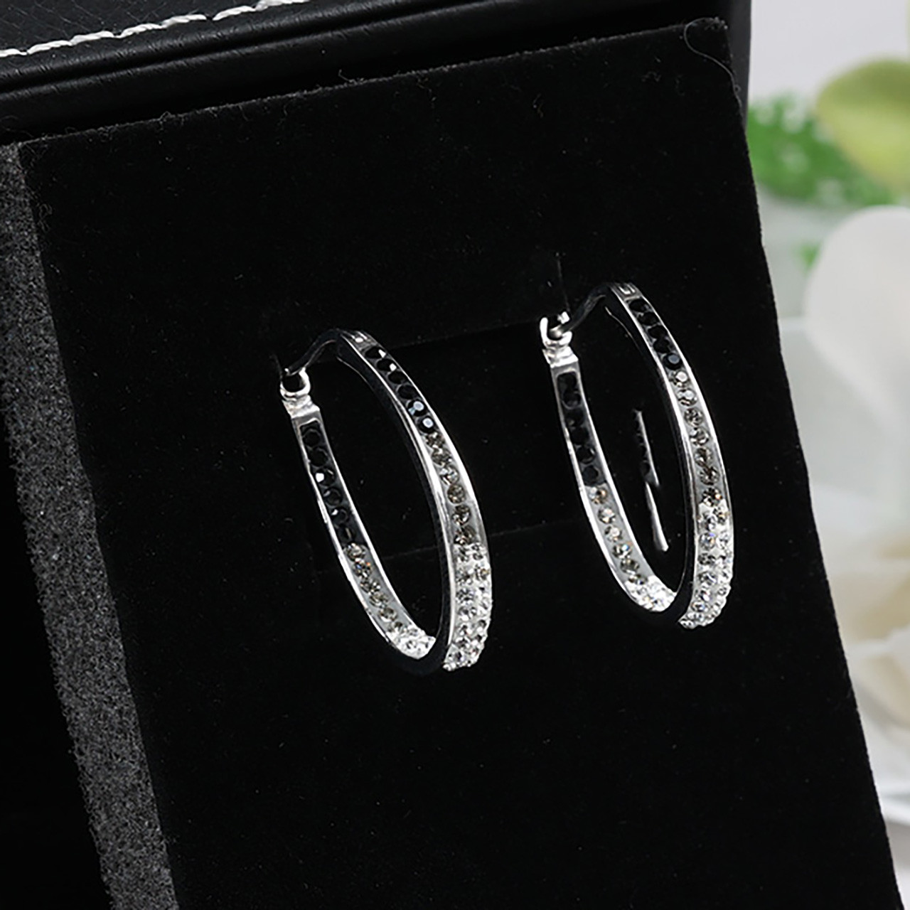 Sterling Silver Swarovski Crystal Tri Color Hoop Earrings 1 Pair