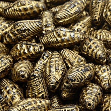 Czech 16x8mm Glass Pressed Miter Shell Beads Black/Gold