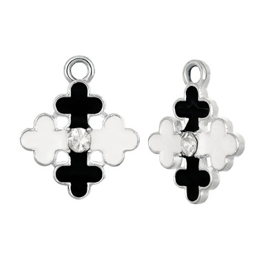 Silver Plated Black White Clover Cross Charm 18.8x15.6mm