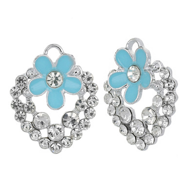 Silver Plated CZ Heart With Blue Flower Charm