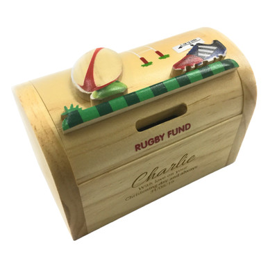 Personalised Childrens Wooden Rugby Money Box