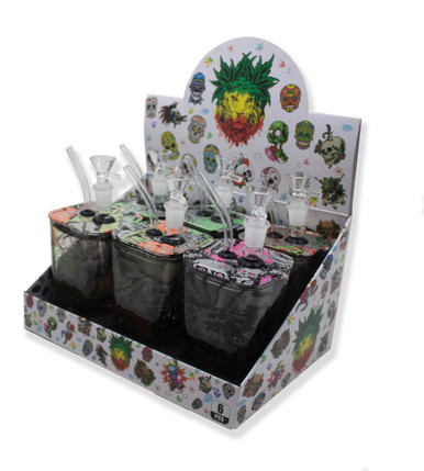 GLASS WATER CUP PIPE 6 PCS DISPLAY: with black light sensitive prints.
