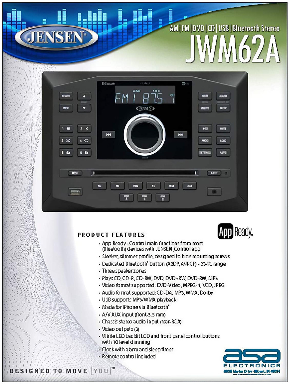 Jensen JWM62A AM|FM|DVD|CD|USB|AUX|App Ready Bluetooth Wallmount Stereo ...