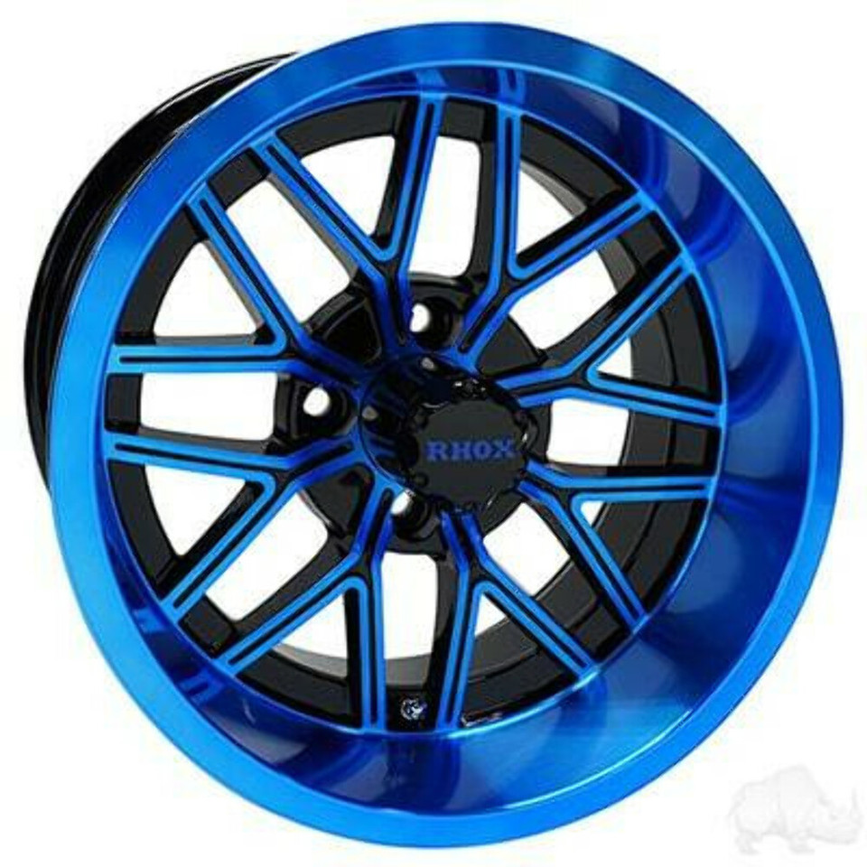 14" Golf Cart Wheel, Gloss Black/Blue Rim, 14x7 ET-25