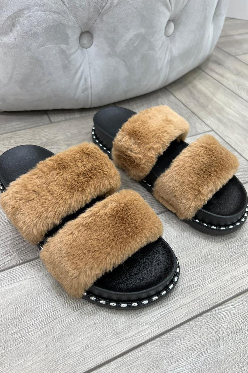 Tan Finley Fluffy Sliders - Want That Trend