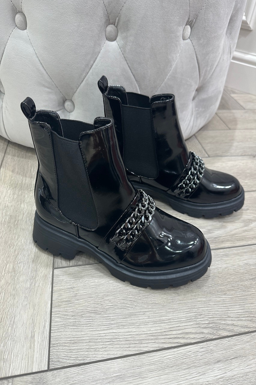 Black Patent Chain Boots - Want That Trend