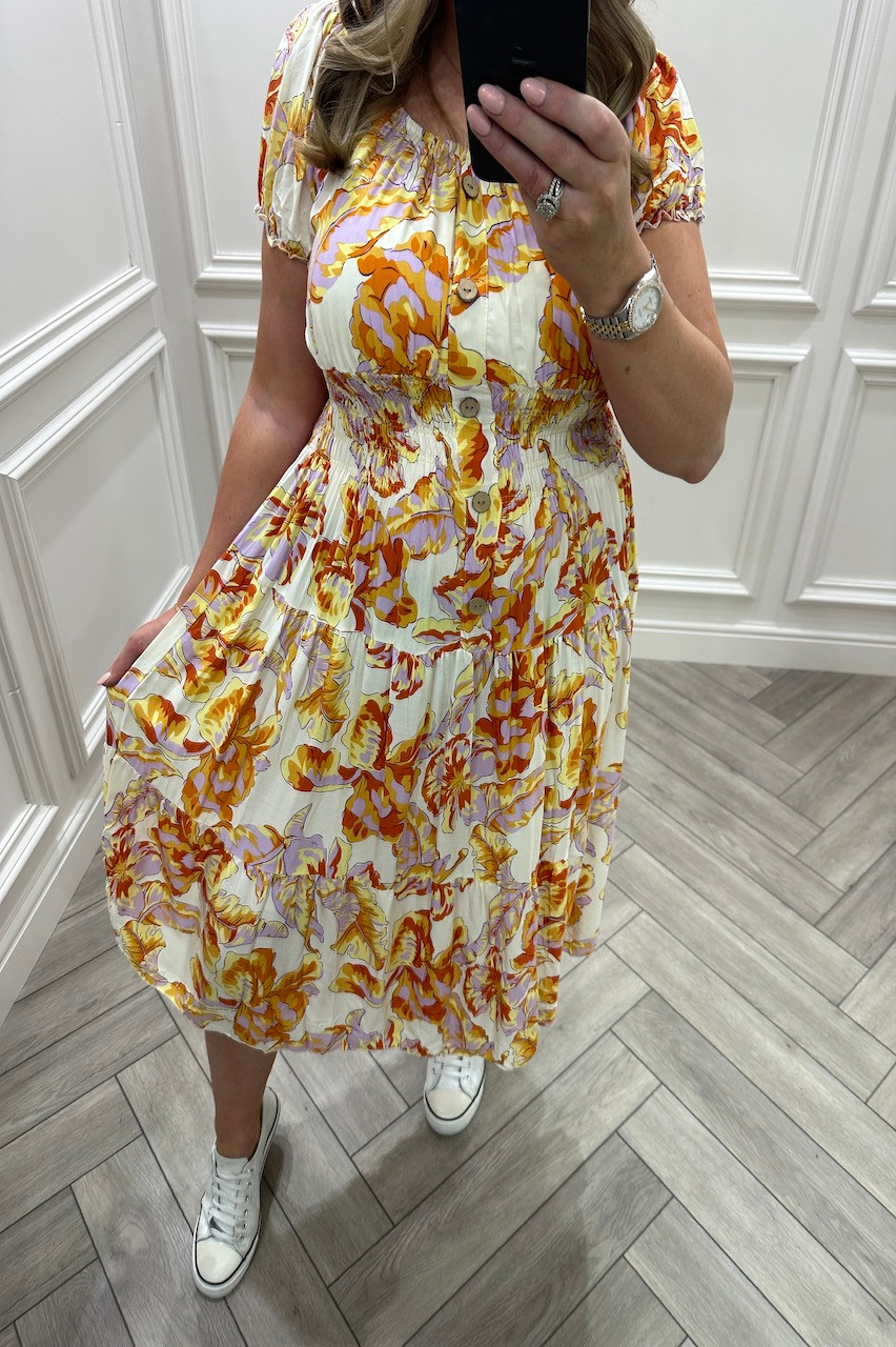 Cameron Beige & Orange Leaf Shirred Midi Dress - Want That Trend