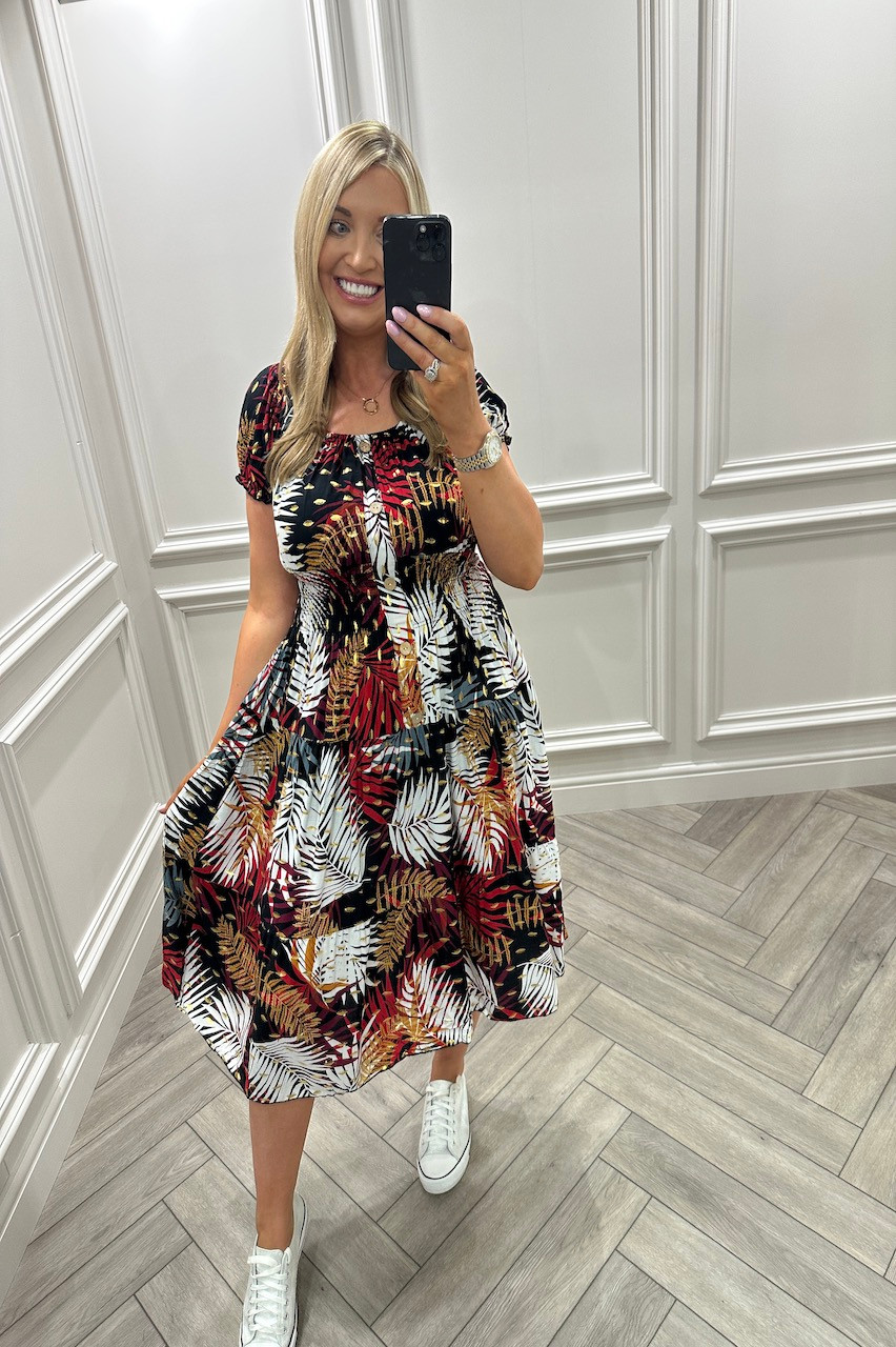 Gia Red & Black Tropical Shirred Midi Dress - Want That Trend