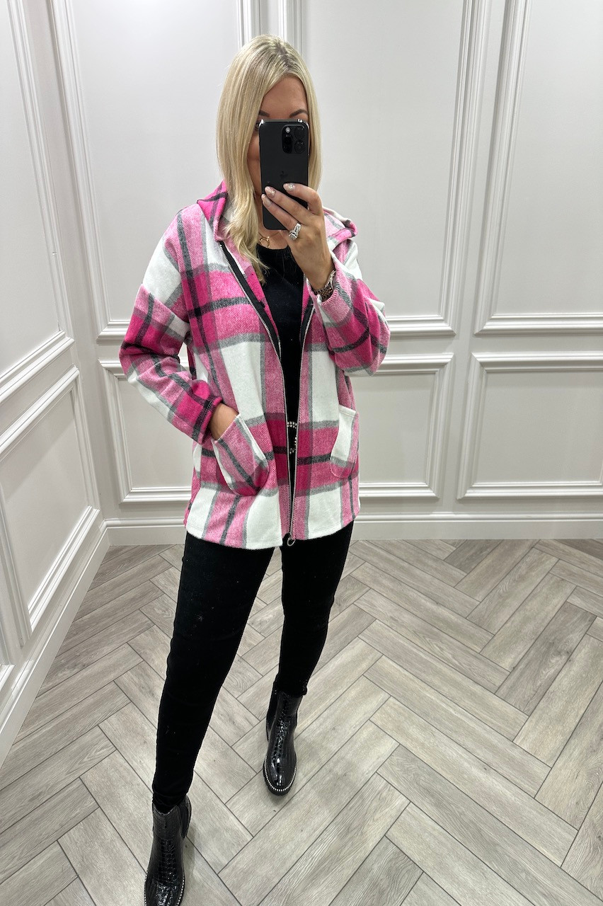 Paddington Pink, Black & White Check Hooded Jacket - Want That Trend