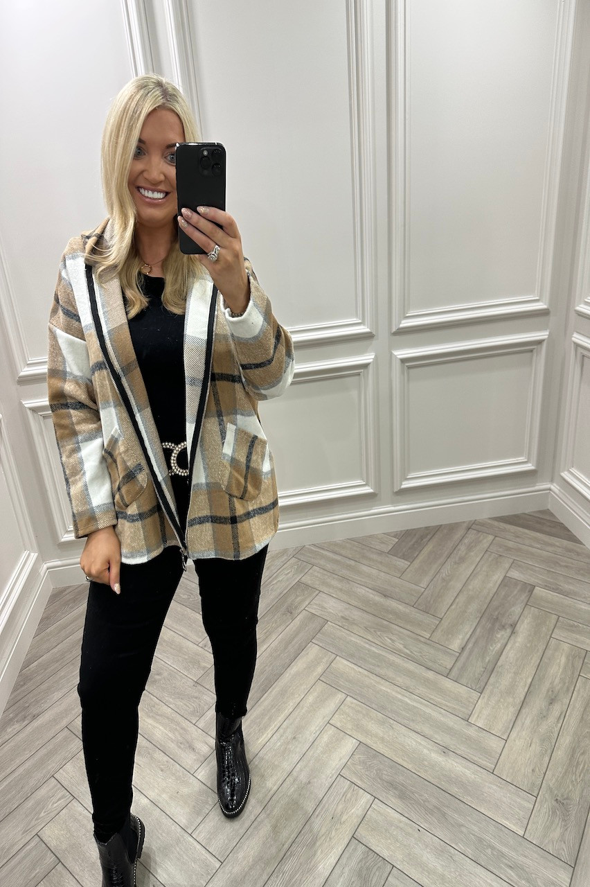 Paddington Tan, Beige & White Check Hooded Jacket - Want That Trend