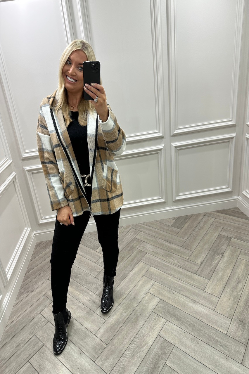 Paddington Tan, Beige & White Check Hooded Jacket - Want That Trend