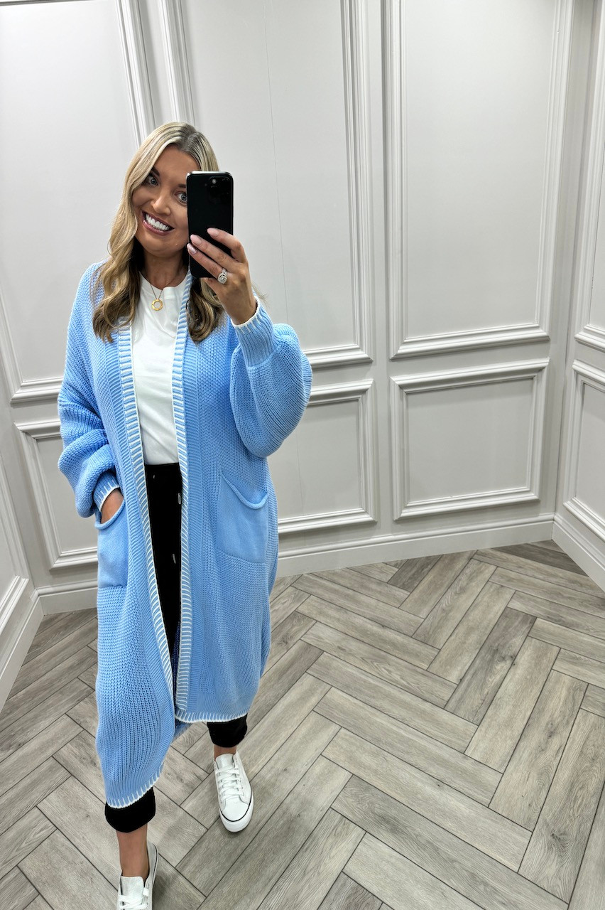 Blue Couture Contrast Trim Longline Knitted Cardigan - Want That Trend