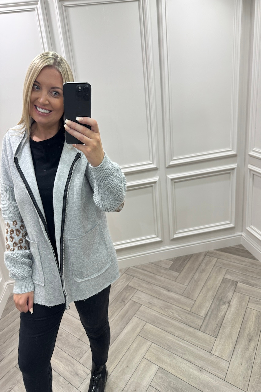Grey Zara Leopard Knitted Sleeve Coat - Want That Trend