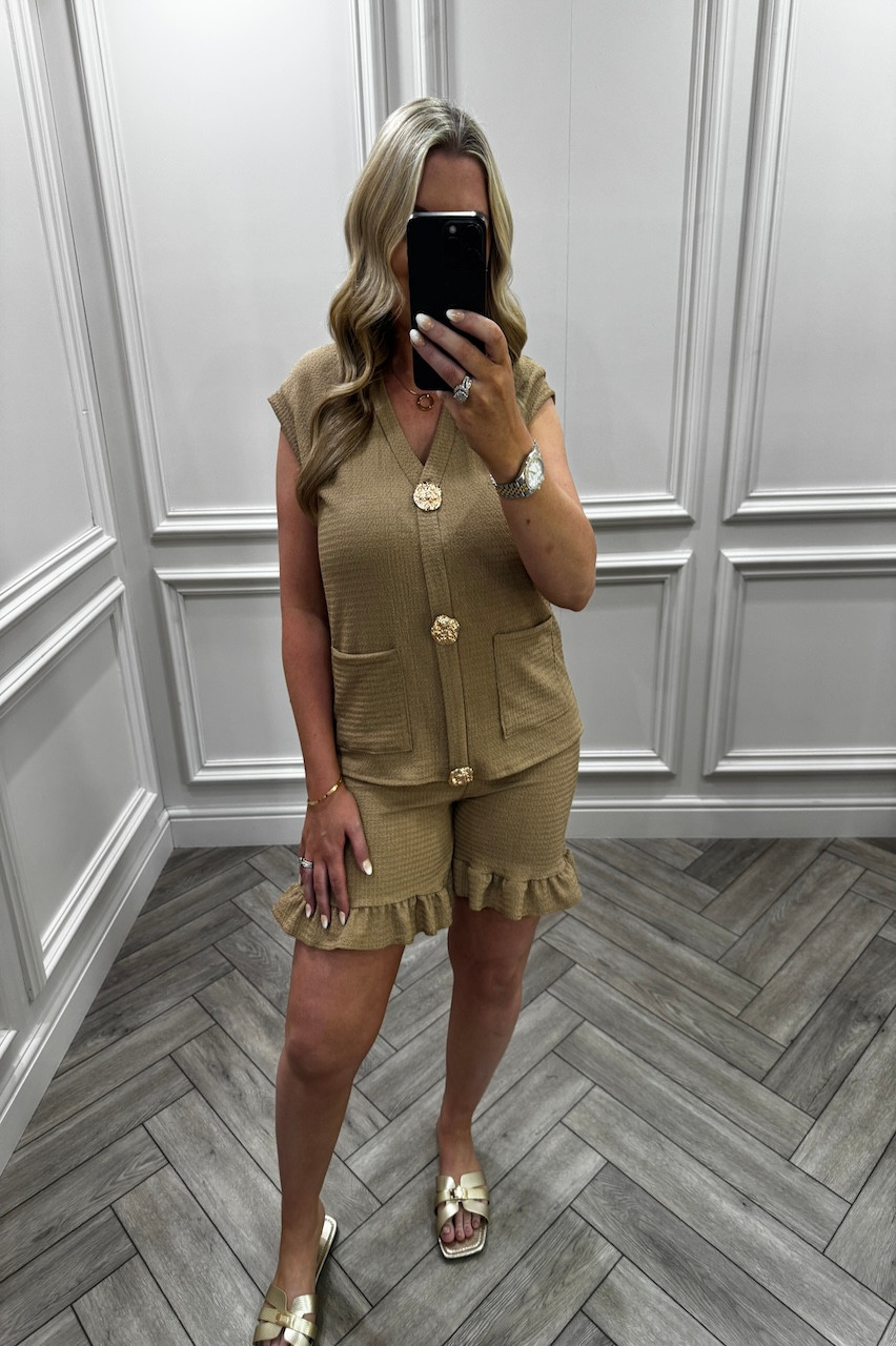 Tan Ivy Gold Button Detail Short Set - Want That Trend